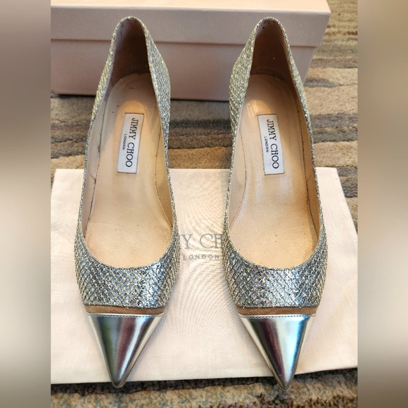 Jimmy Choo | Shoes | Jimmy Choo Romy Silver Glitter Metallic Low Heels ...